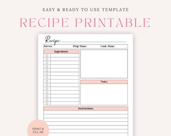 Recipe Planner Printable Recipe Template Blank Printable - Etsy