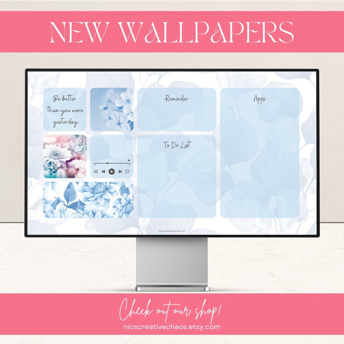 Blue Floral Desktop Organizer Wallpaper, Blue Computer Background ...