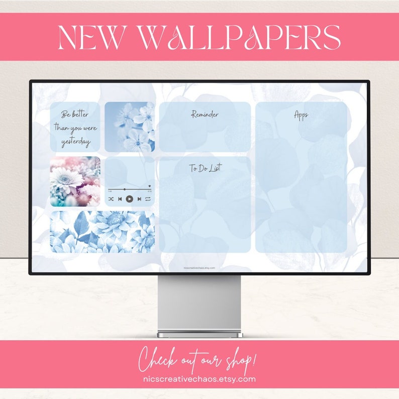 Blue Floral Desktop Organizer Wallpaper, Blue Computer Background ...