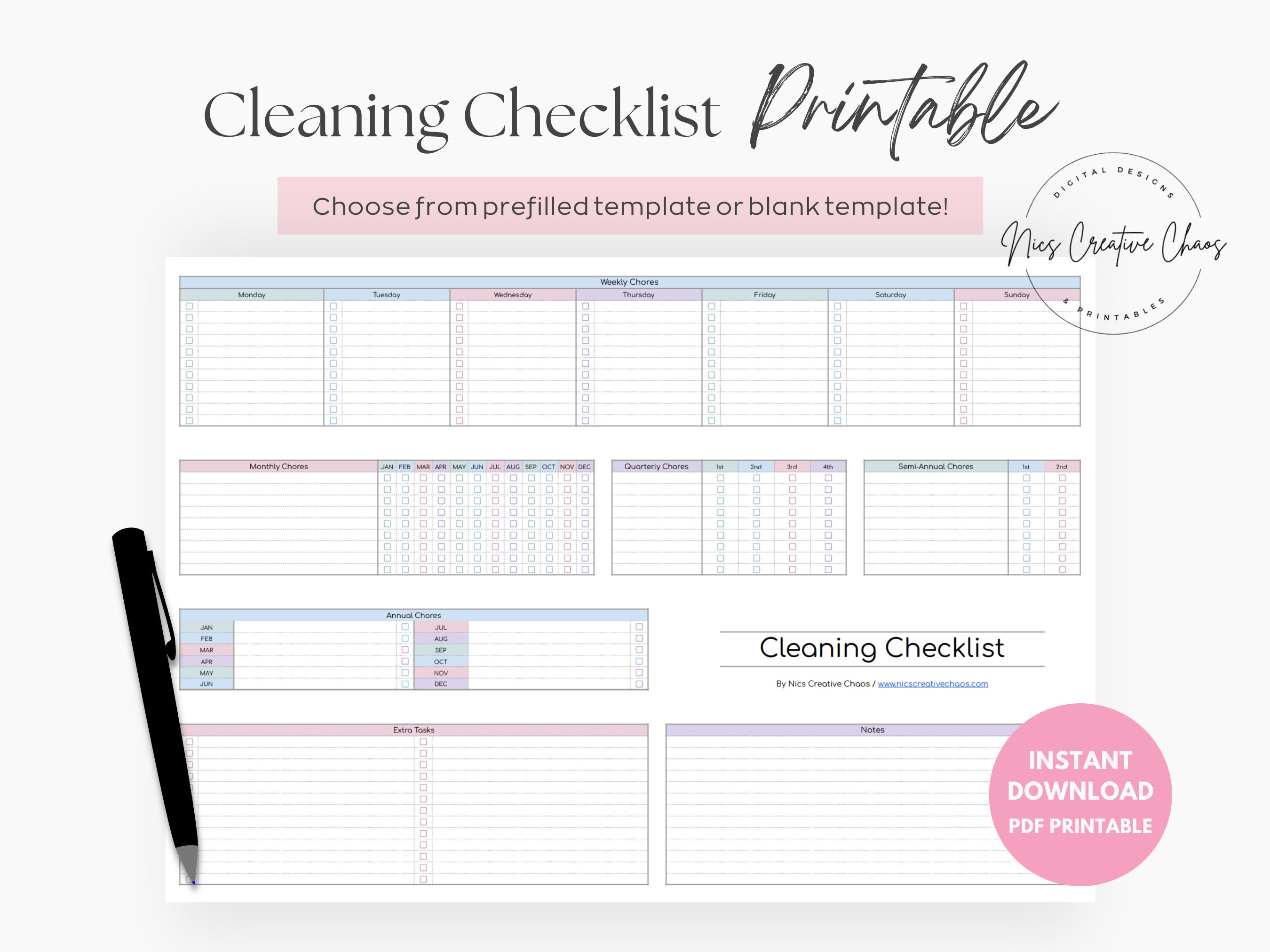 Cleaning Checklist Printable, Prefilled and Blank Weekly Cleaning Chart ...