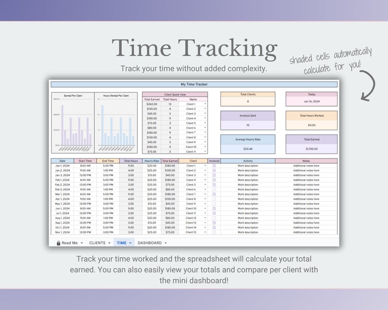 Client & Time Tracker Spreadsheet Google Sheets, Time Keeping Tracker ...