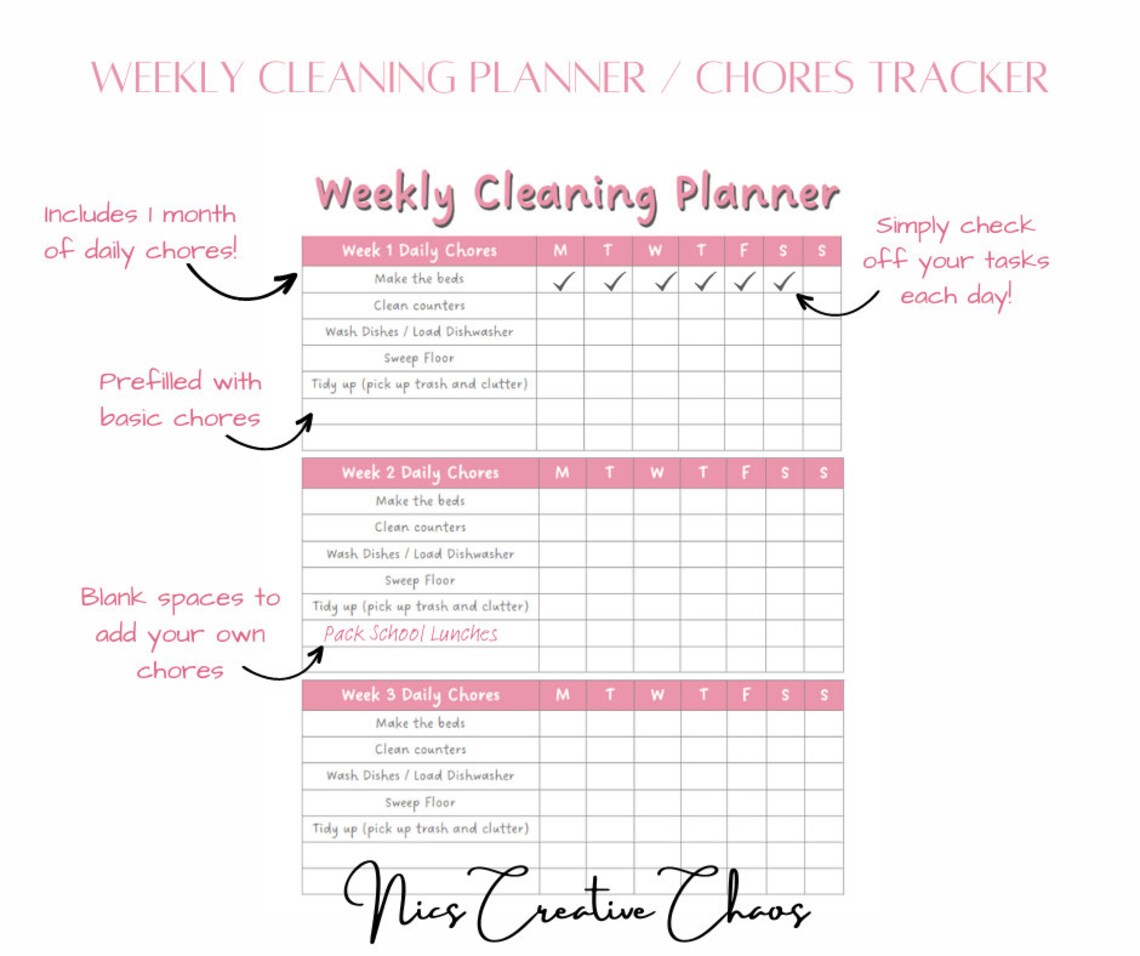 Cleaning Planner Printable Chores Tracker Checklists With Daily, Weekly ...
