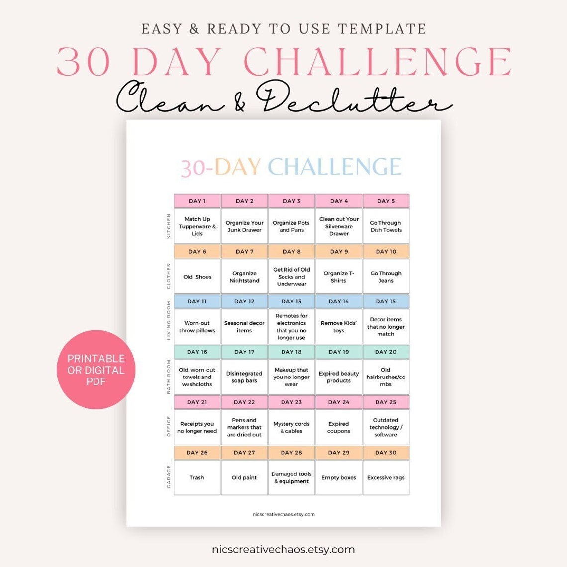 Declutter 30 Day Challenge Printable Template, Cleaning Checklist ...