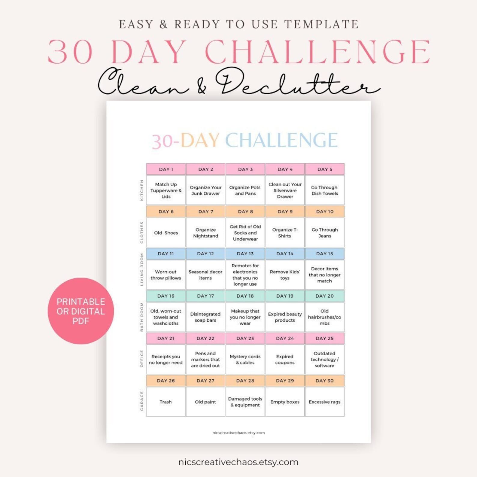 Declutter 30 Day Challenge Printable Template, Cleaning Checklist ...
