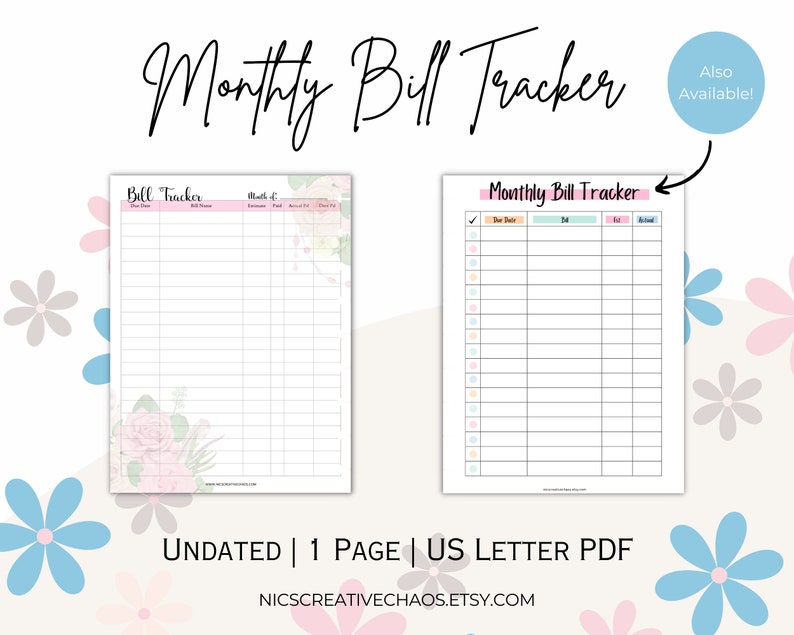 Printable Bill Tracker, Monthly Budget Template, Monthly Bills Tracker ...