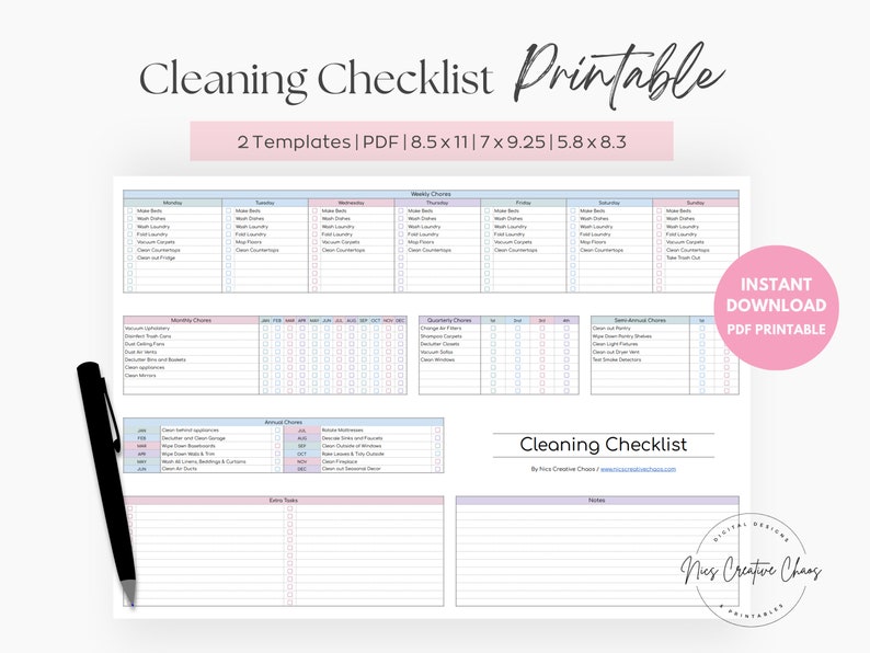 Cleaning Checklist Printable, Prefilled and Blank Weekly Cleaning Chart ...