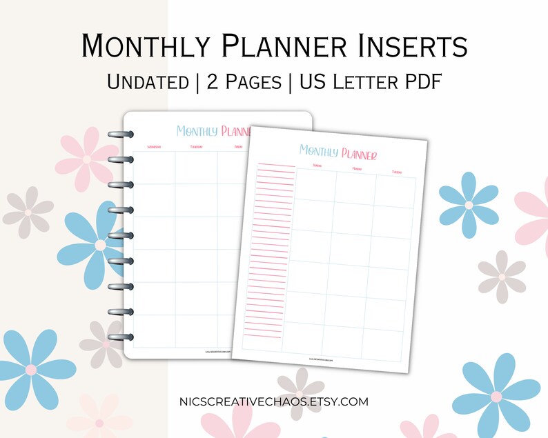 Undated Monthly Planner Printable, Monthly Calendar & Notes, Pink Blue ...