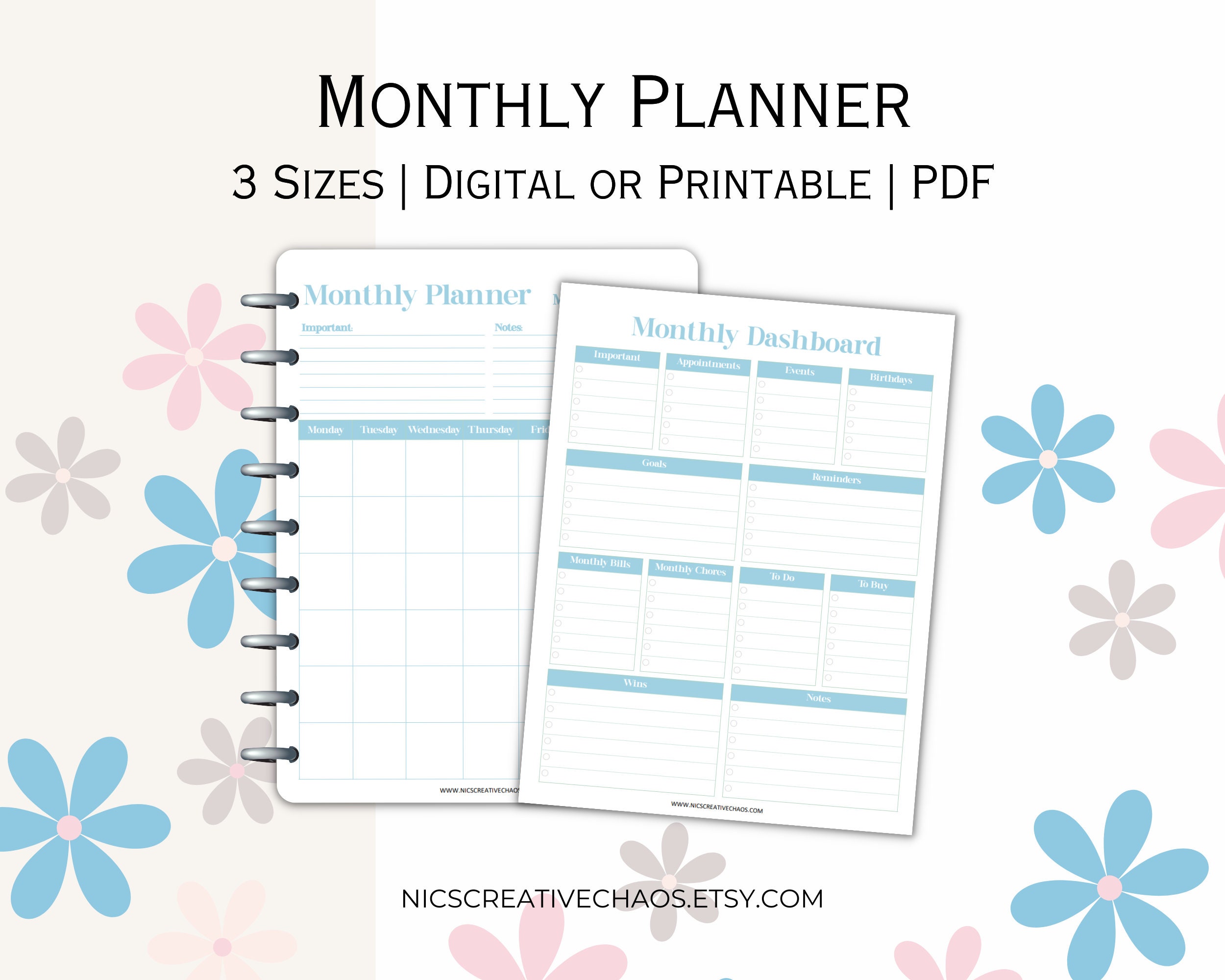 Monthly Planner Printable, Undated Calendar & Dashboard, Blue Monthly ...