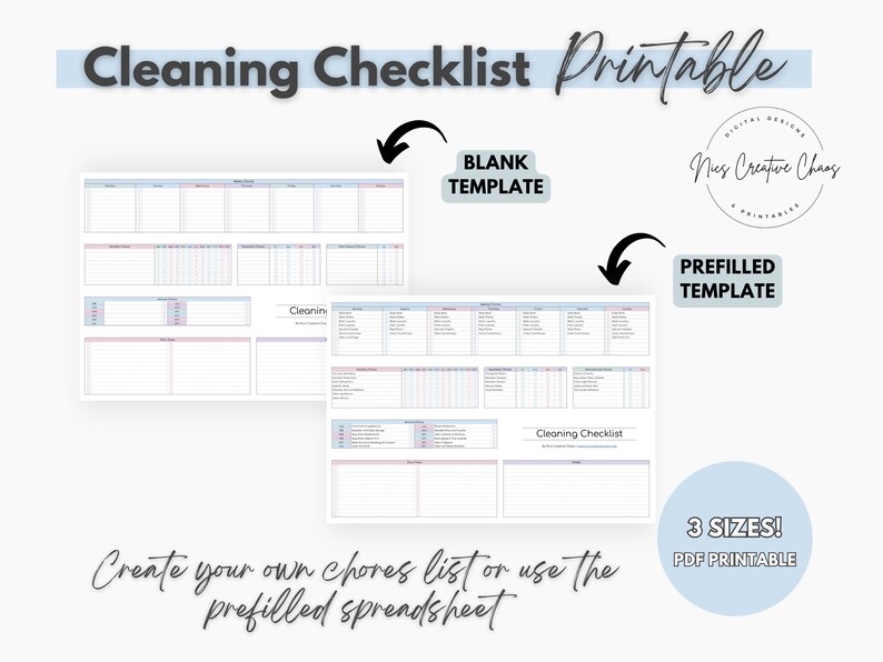 Cleaning Checklist Printable, Prefilled and Blank Weekly Cleaning Chart ...