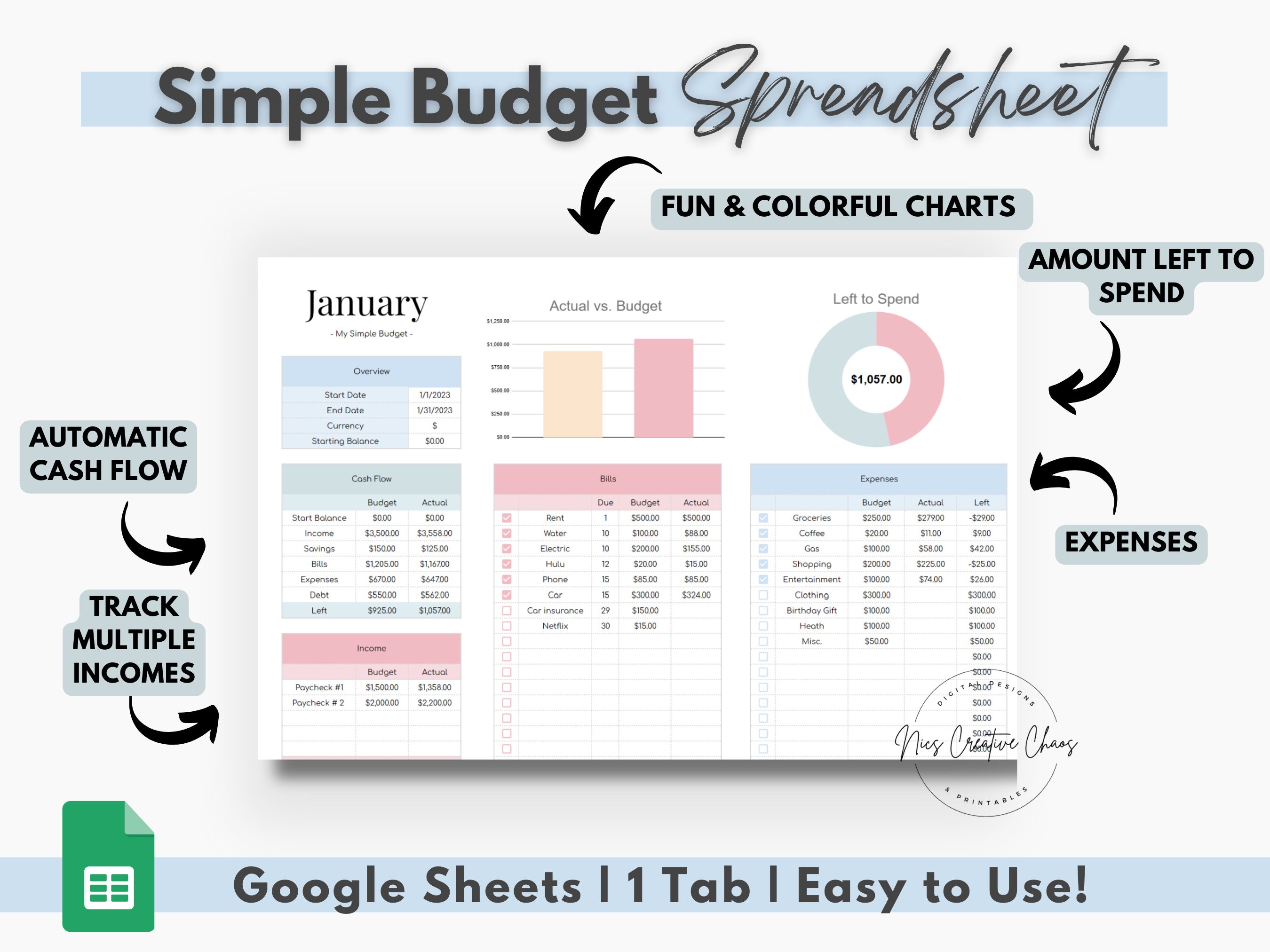 Google Sheets Budget Spreadsheet Template, Simple Budget Tracker ...