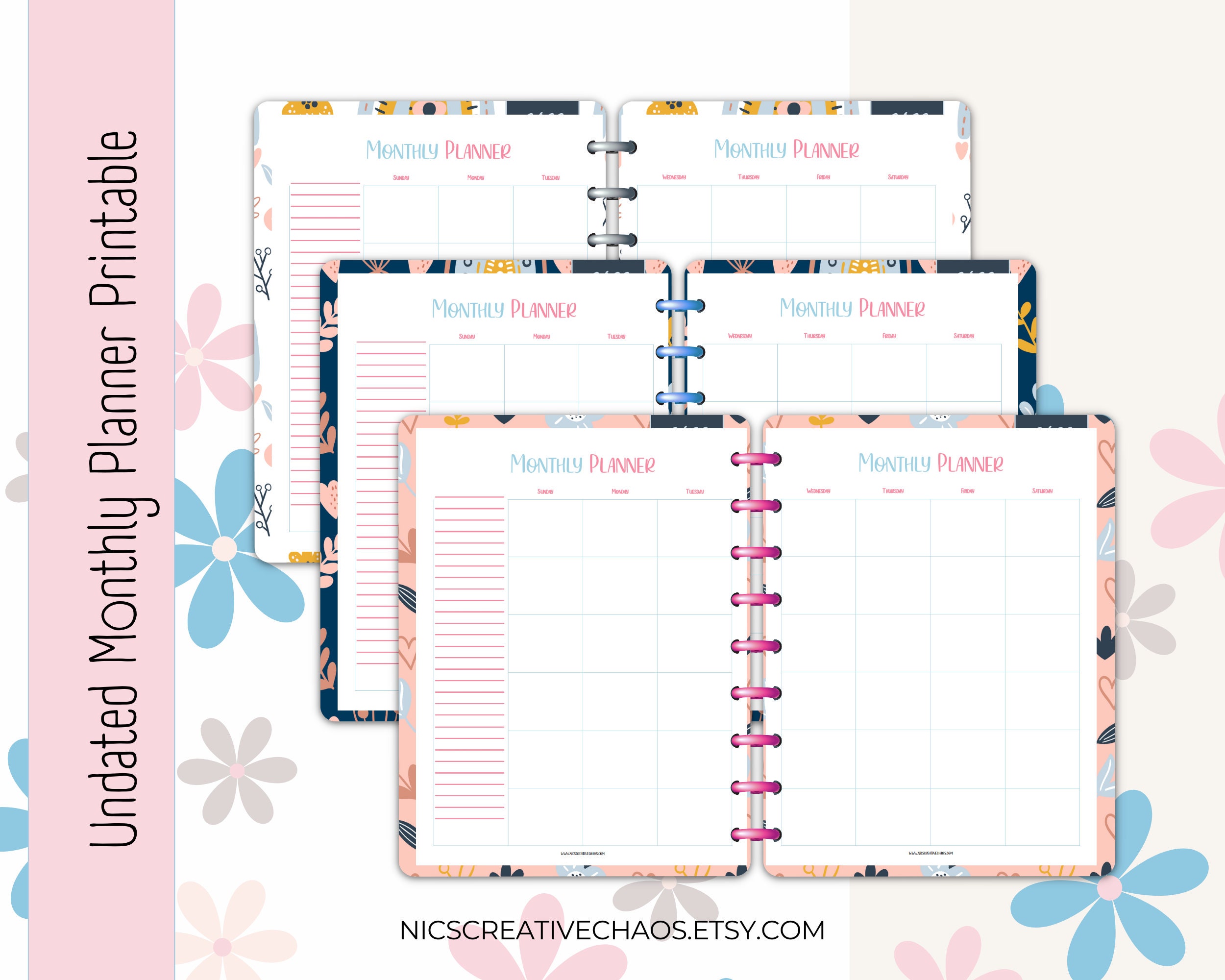 Undated Monthly Planner Printable, Monthly Calendar & Notes, Pink Blue ...