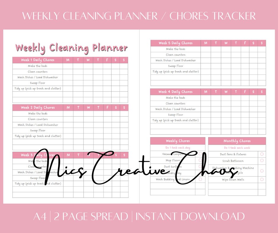 Cleaning Planner Printable Chores Tracker Checklists With Daily, Weekly ...
