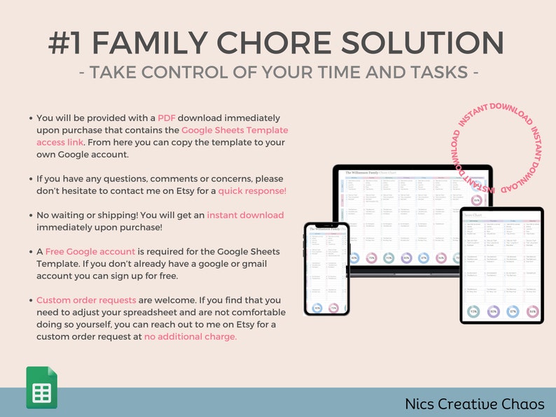Family Chore Chart Google Sheets, Digital Chore Checklist Spreadsheet ...