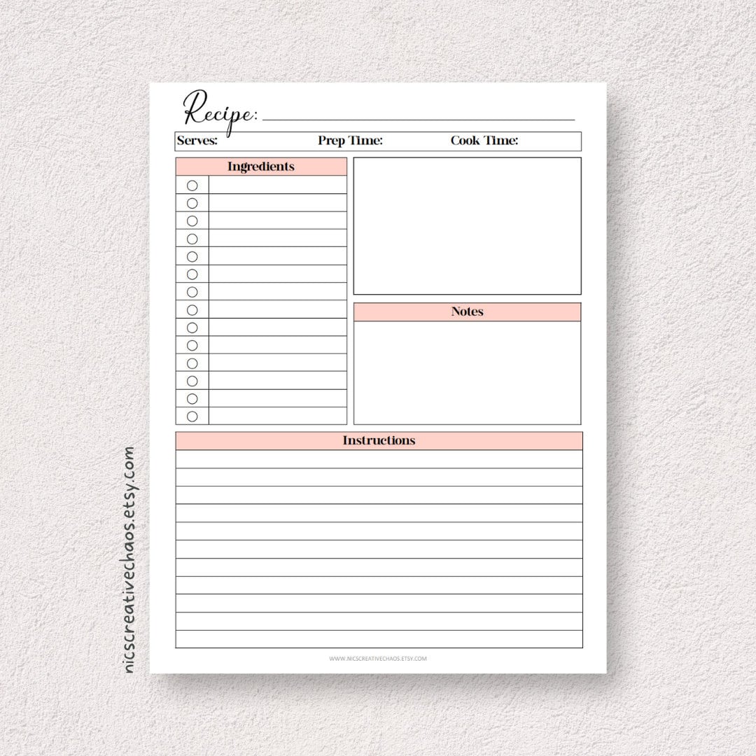Printable Recipe Template, Blank Cooking Journal, Meal Planner, Home ...