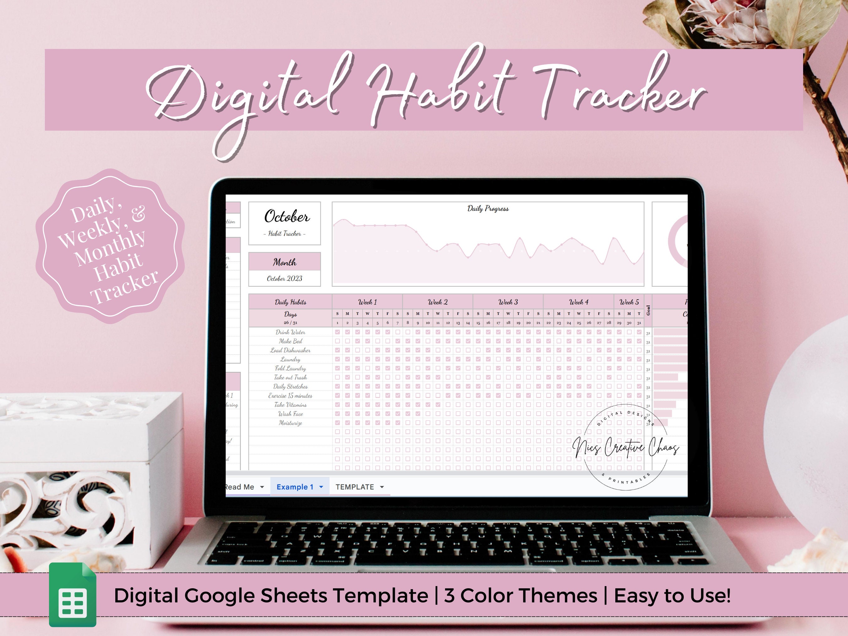 Pink Daily Habit Tracker Google Sheets, Monthly Planner Checklist ...
