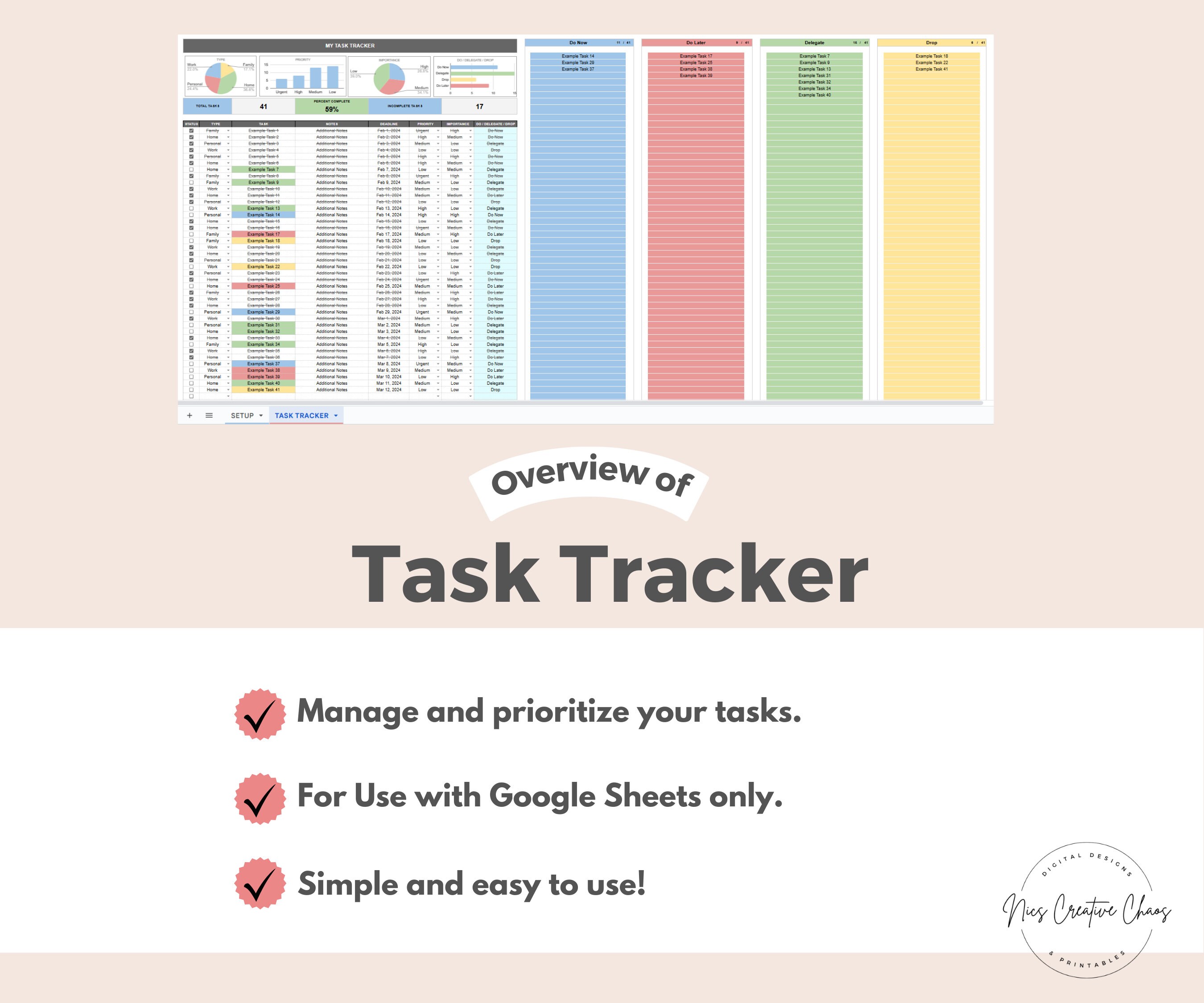 Task Tracker Google Sheets Spreadsheet, to Do List Tracker, Eisenhower ...