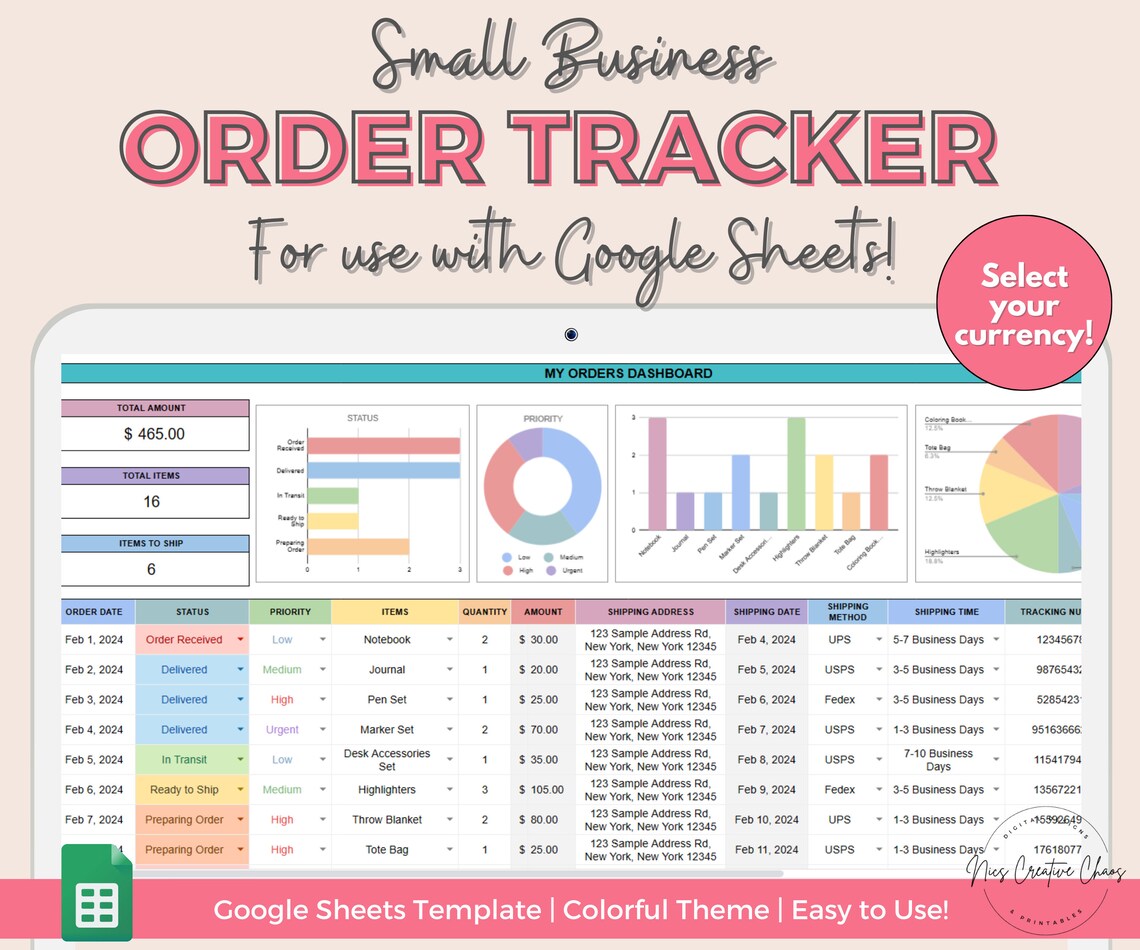 Order Tracker Spreadsheet, Google Sheets, Small Business Spreadsheet, Small Business Sales ...