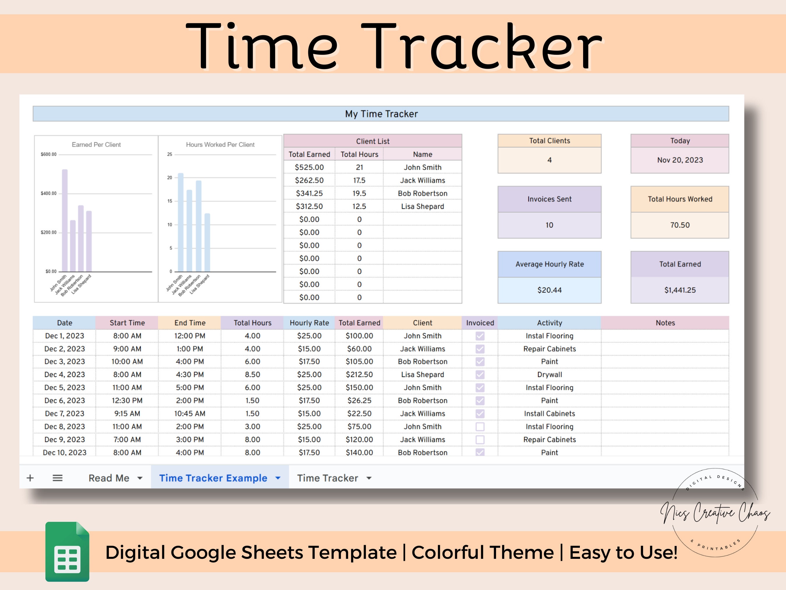 Time Tracker Spreadsheet, Excel & Google Sheets, Time Keeping Tracker, Freelancer Time and Pay ...