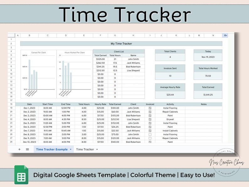 Time Tracker Spreadsheet Google Sheets, Freelancer Time Tracking, Pay ...