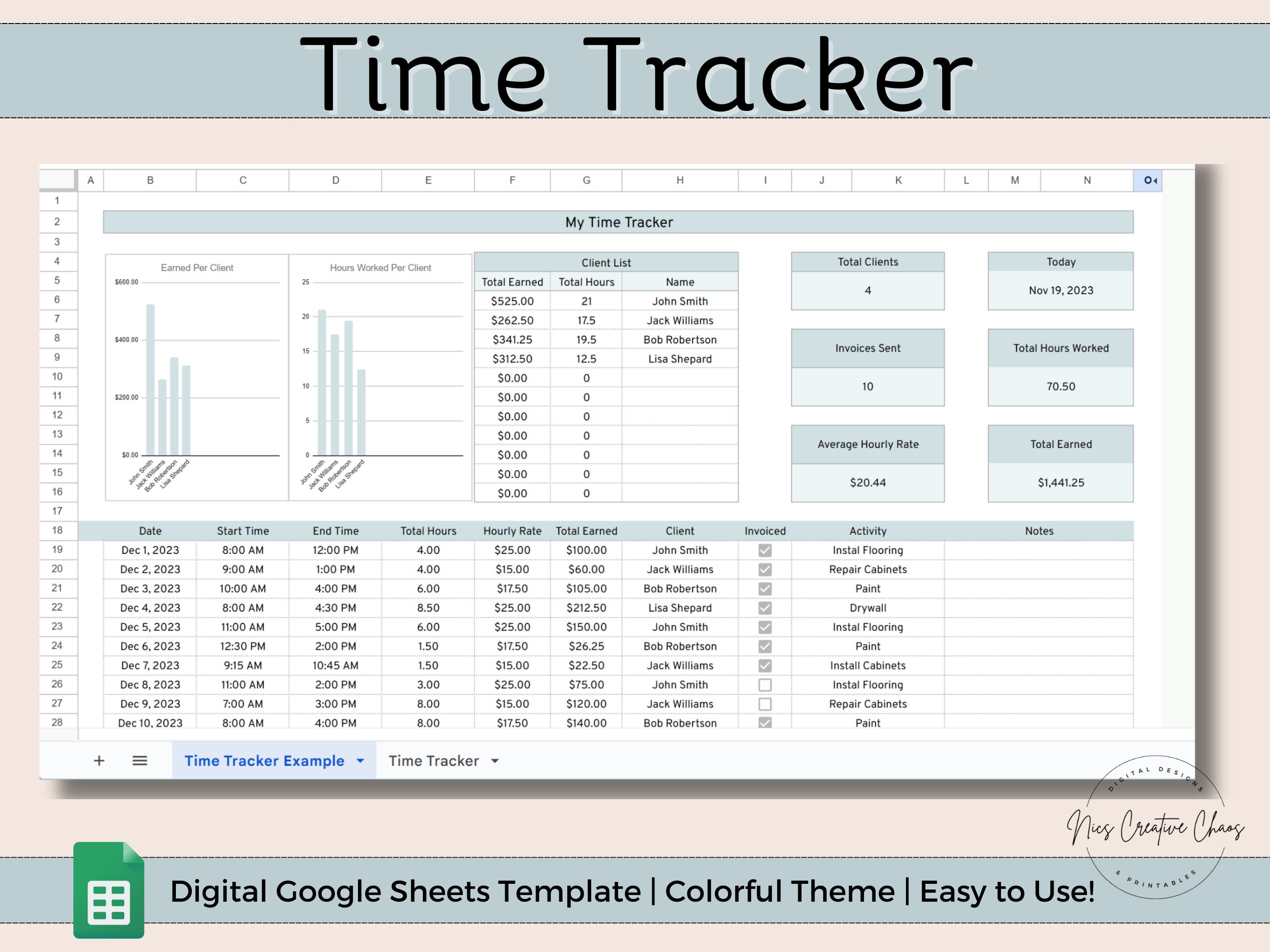 Time Tracker Spreadsheet Google Sheets, Freelancer Time Tracking, Pay ...