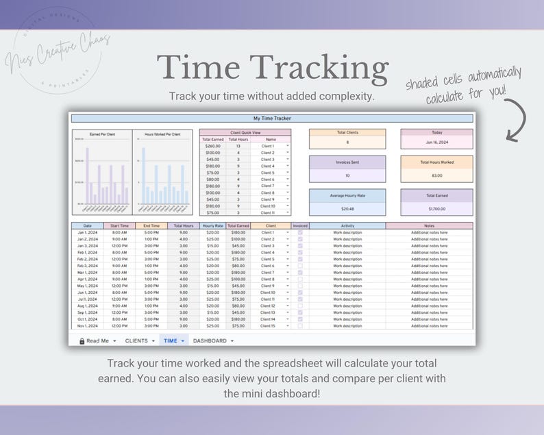 Client & Time Tracker Spreadsheet Google Sheets, Excel Time Keeping ...