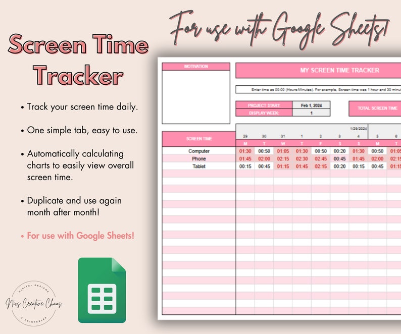 Screen Time Tracker Spreadsheet, Google Sheets Screen Time Management, Digital Screen Time ...