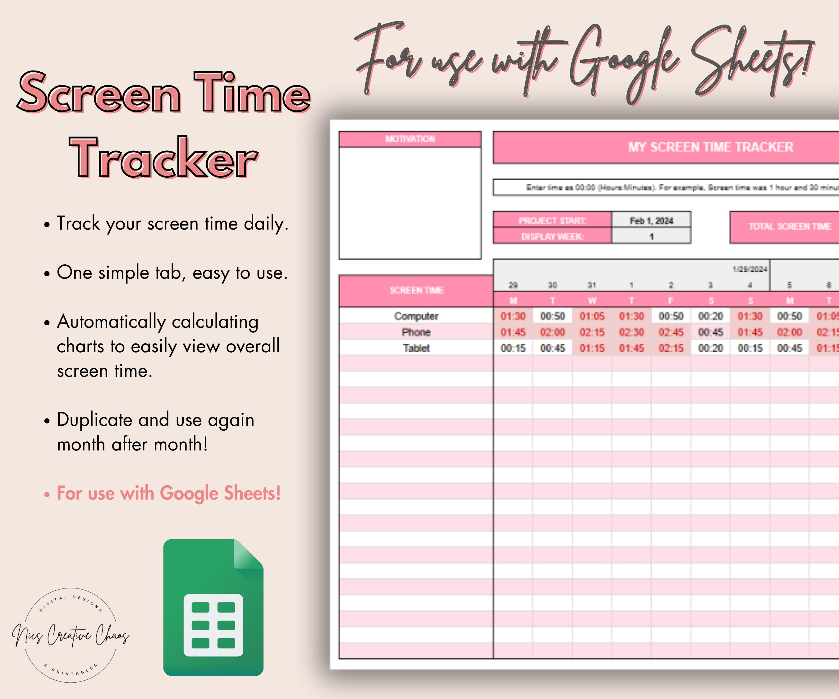 Screen Time Tracker Spreadsheet, Google Sheets Screen Time Management ...