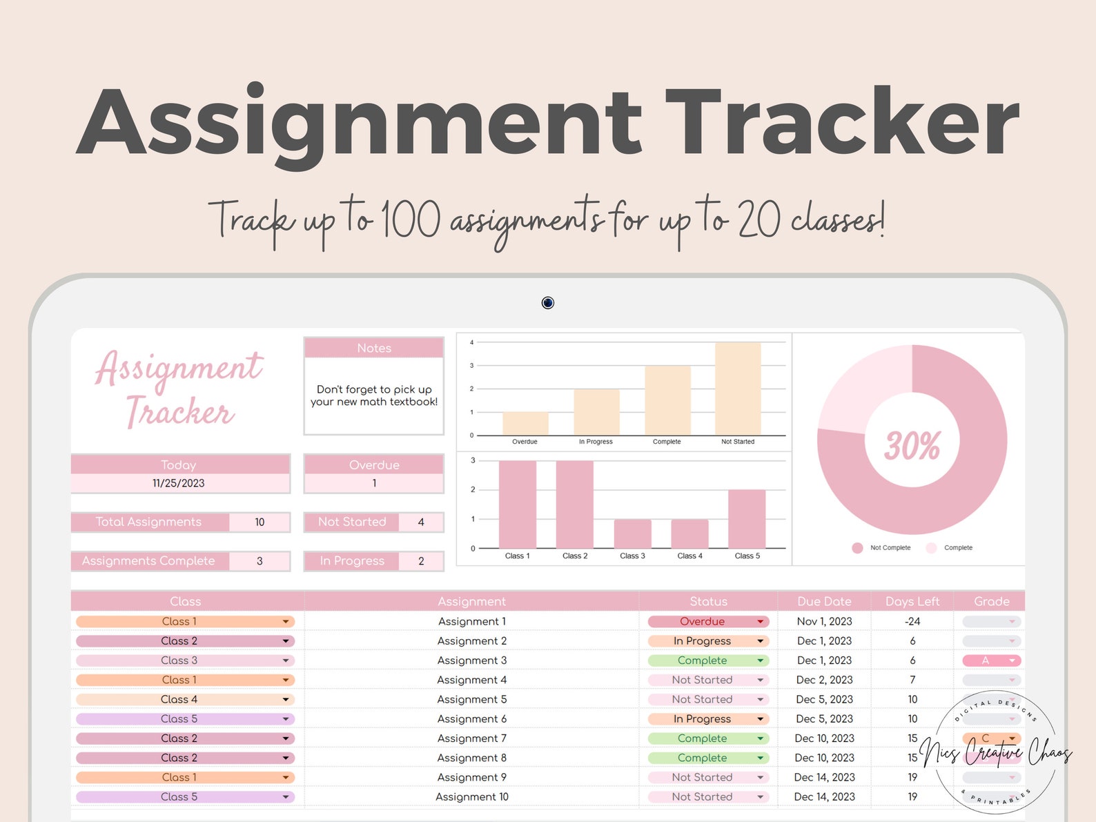 Google Sheets Assignment Tracker Spreadsheet Template, College ...