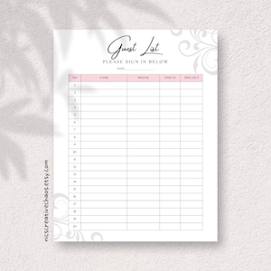 Printable Wedding Guest List Template, Event Sign in Sheet, Simple ...
