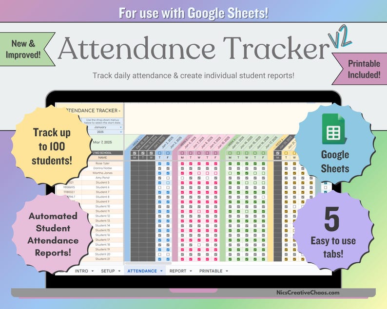 NEW Attendance Tracker Google Sheets Template, Digital Attendance Chart ...