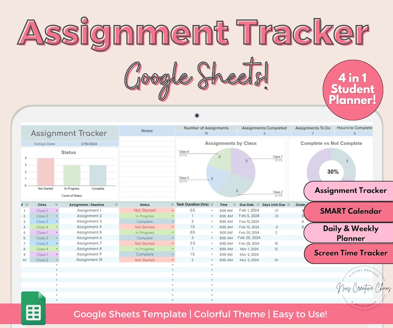 Google Sheets Assignment Tracker Spreadsheet, Track College Assignments ...