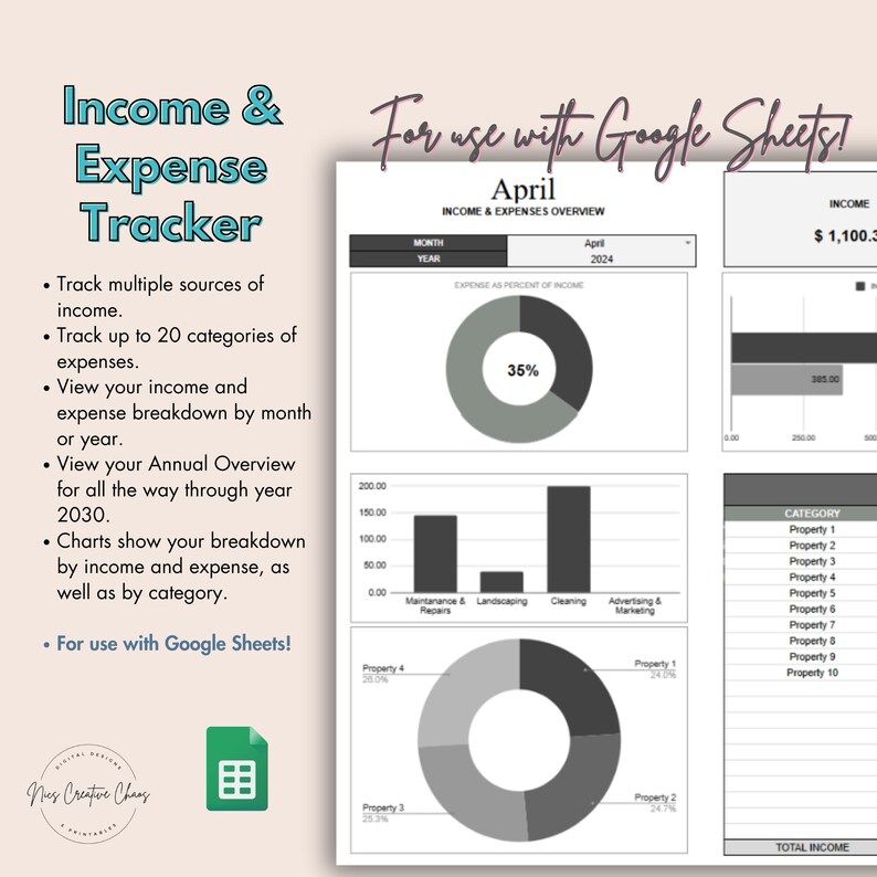 Income and Expense Tracker Spreadsheet, Google Sheets, Track Multiple ...