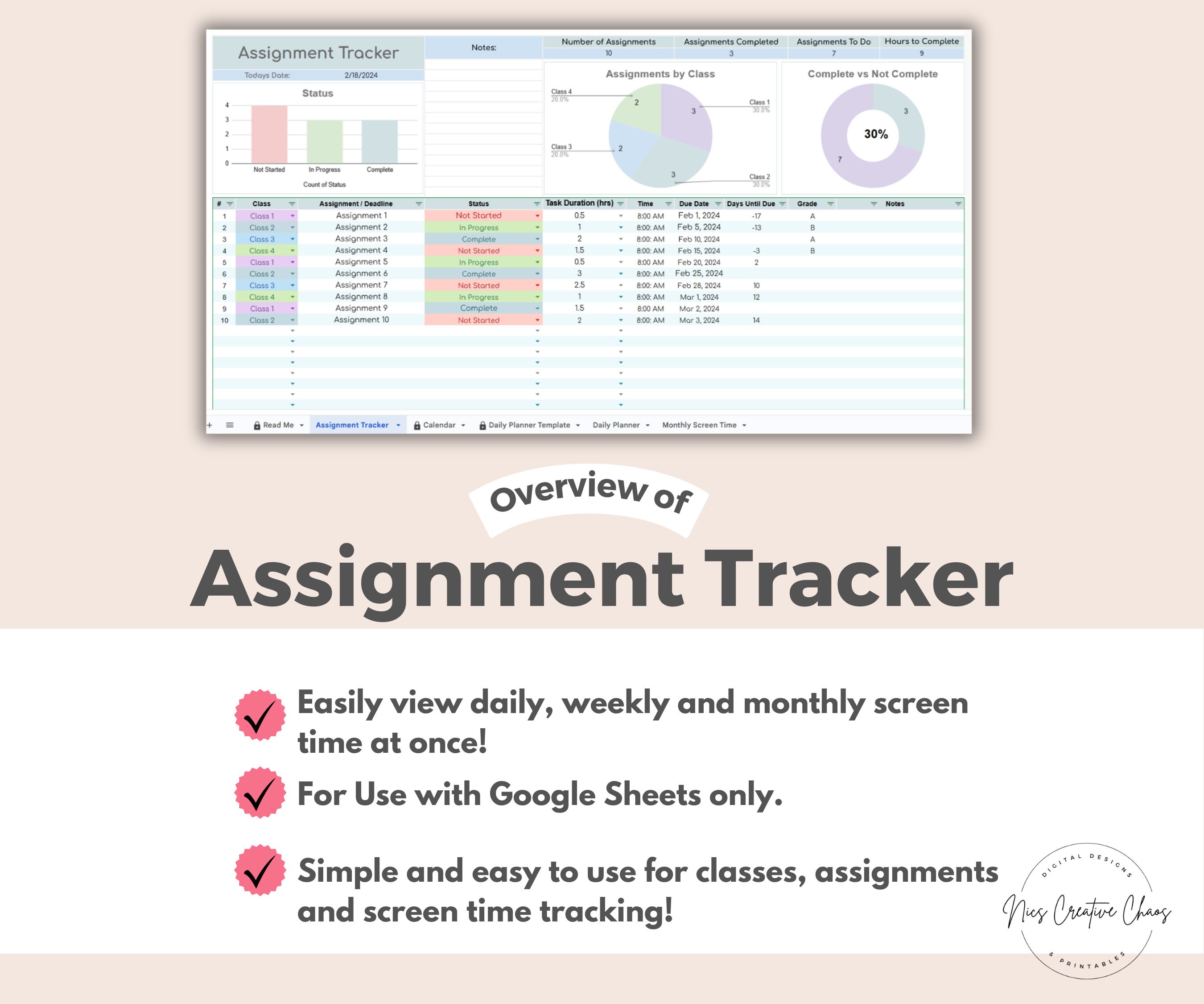 Google Sheets Assignment Tracker Spreadsheet, College Assignment ...