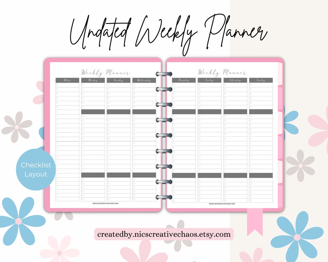 Undated Weekly Planner Printable, Vertical Checklist Lined Notes, Big ...