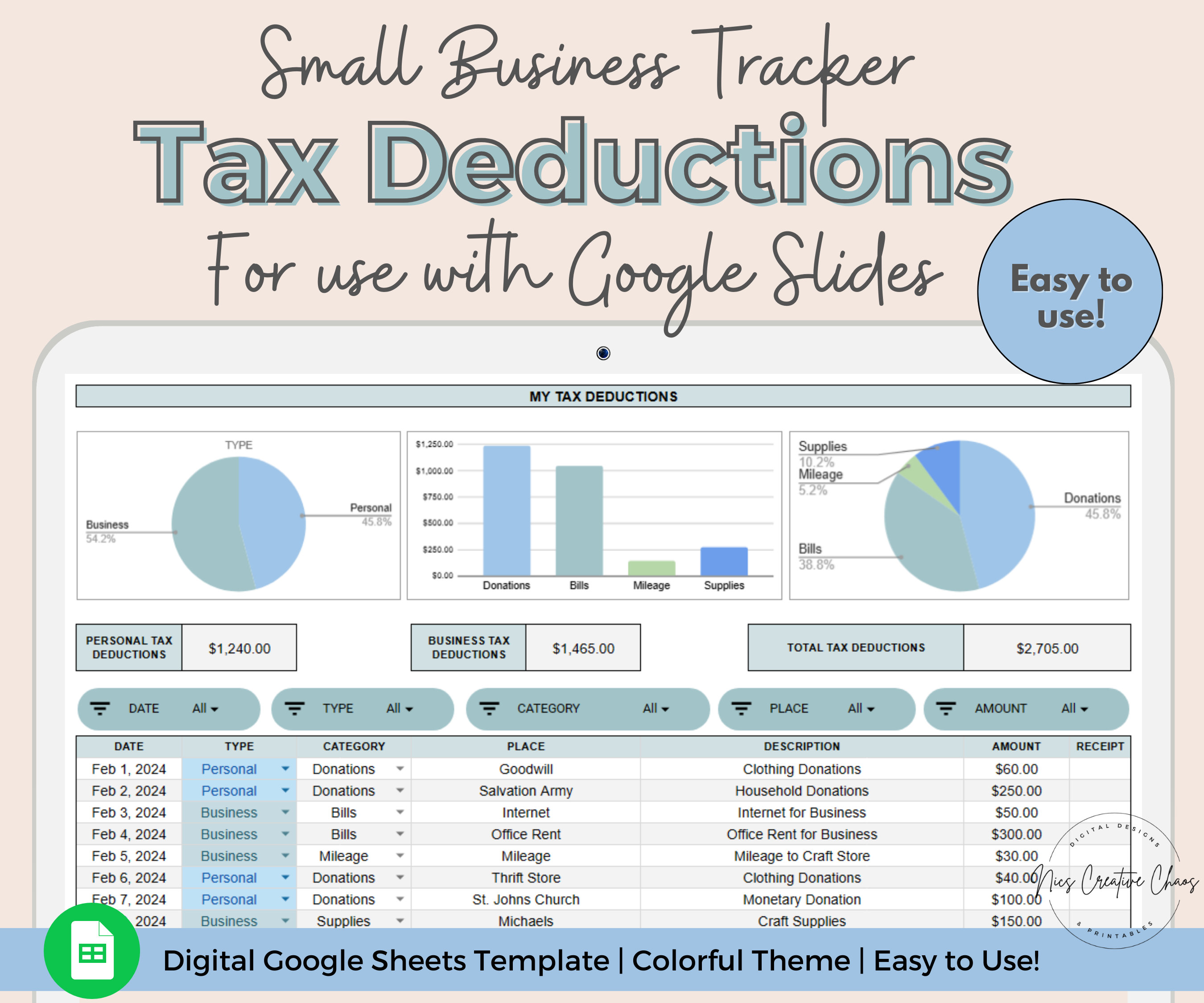 Tax Deduction Tracker Spreadsheet Google Sheets, Small Business Tax ...