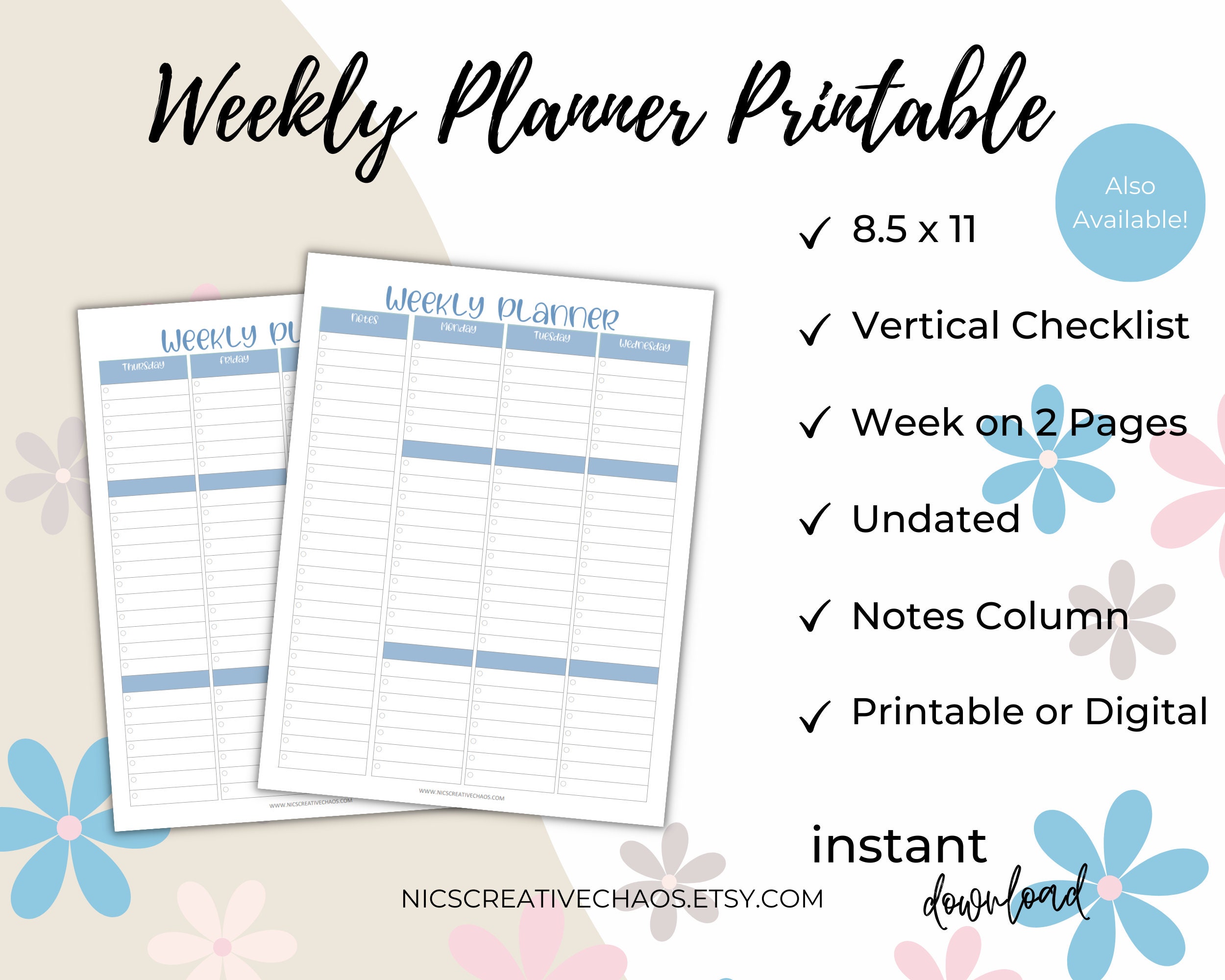 Undated Weekly Planner Printable, Vertical Lined, Week on Two Page ...