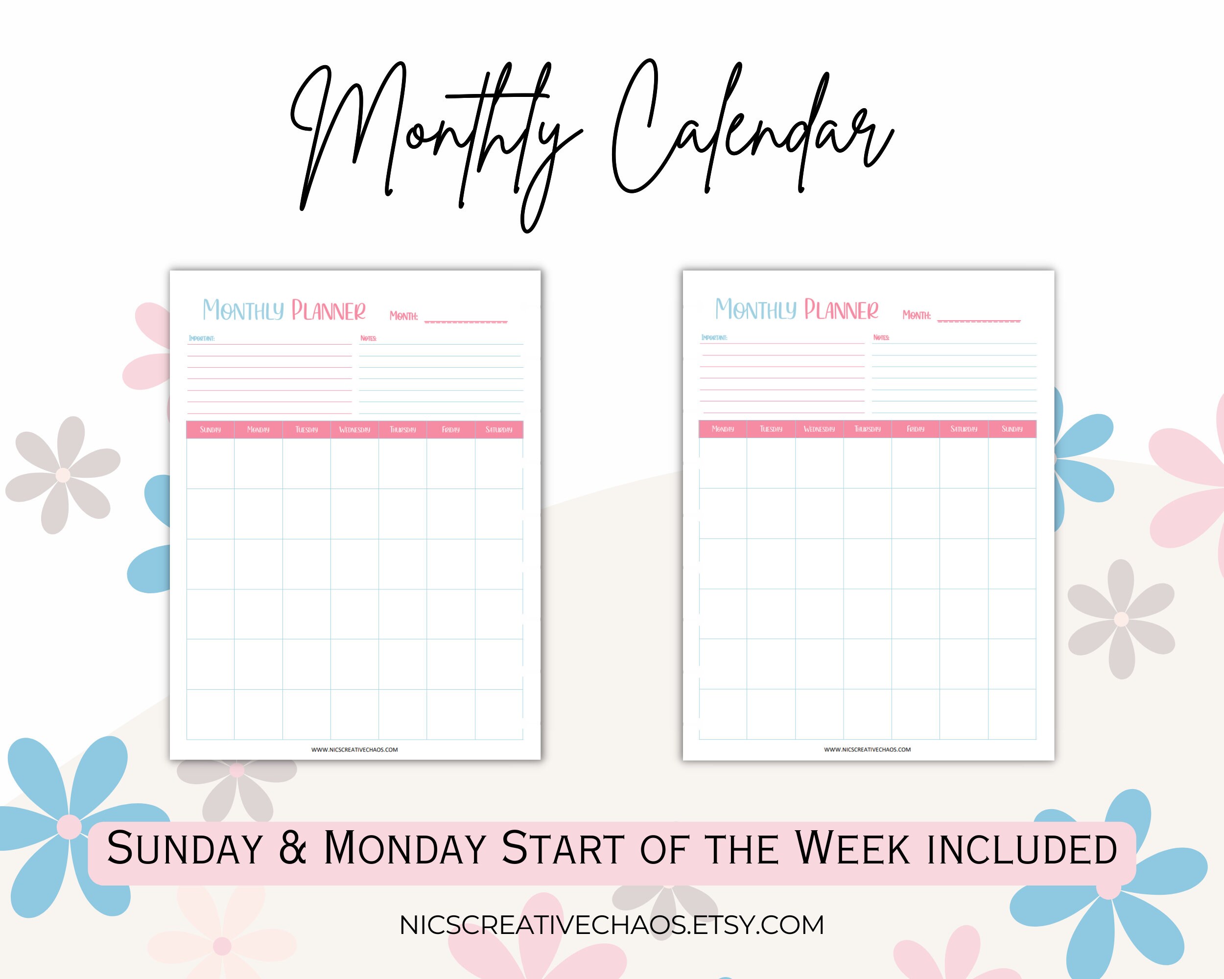 Undated Monthly Planner Printable Monthly Calendar & - Etsy