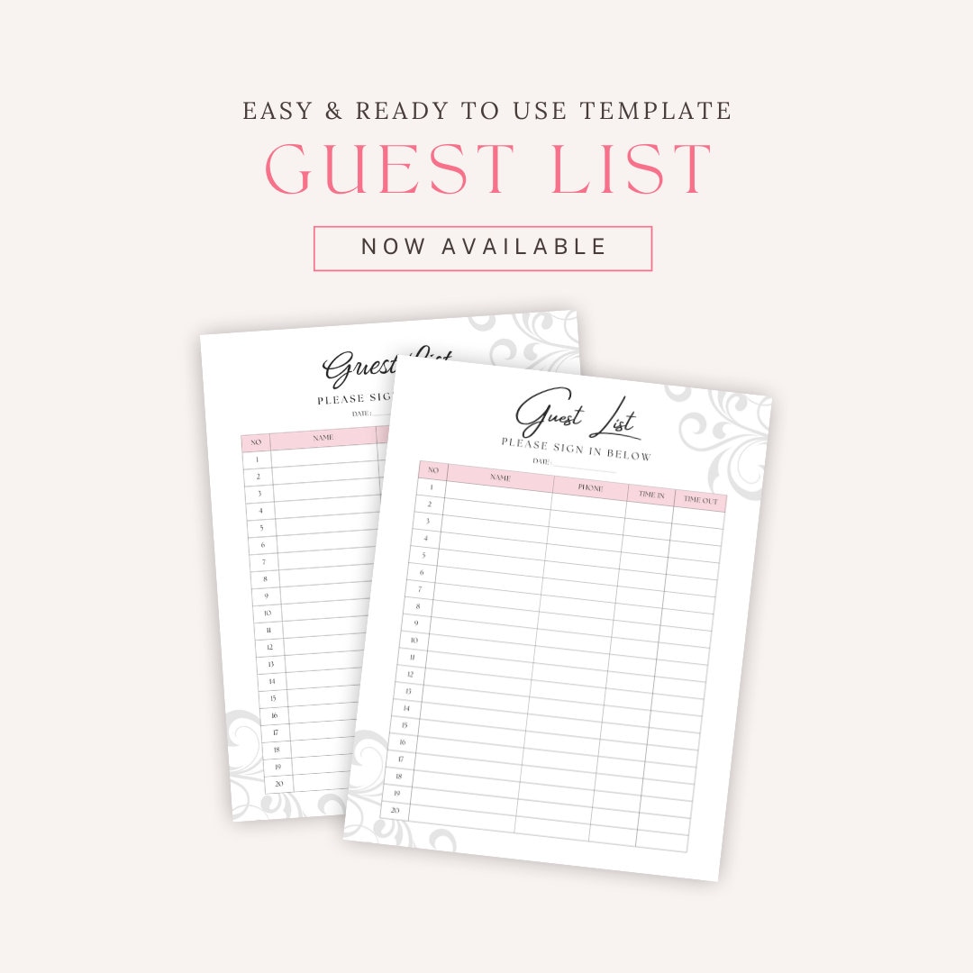 Printable Wedding Guest List Template, Event Sign in Sheet, Simple ...