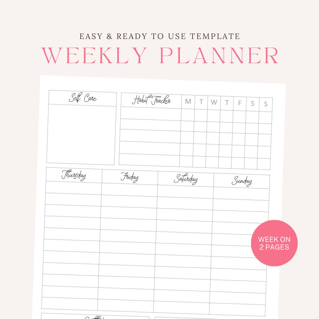Weekly Vertical Planner Printable | Week on 2 Pages| Simple Black ...