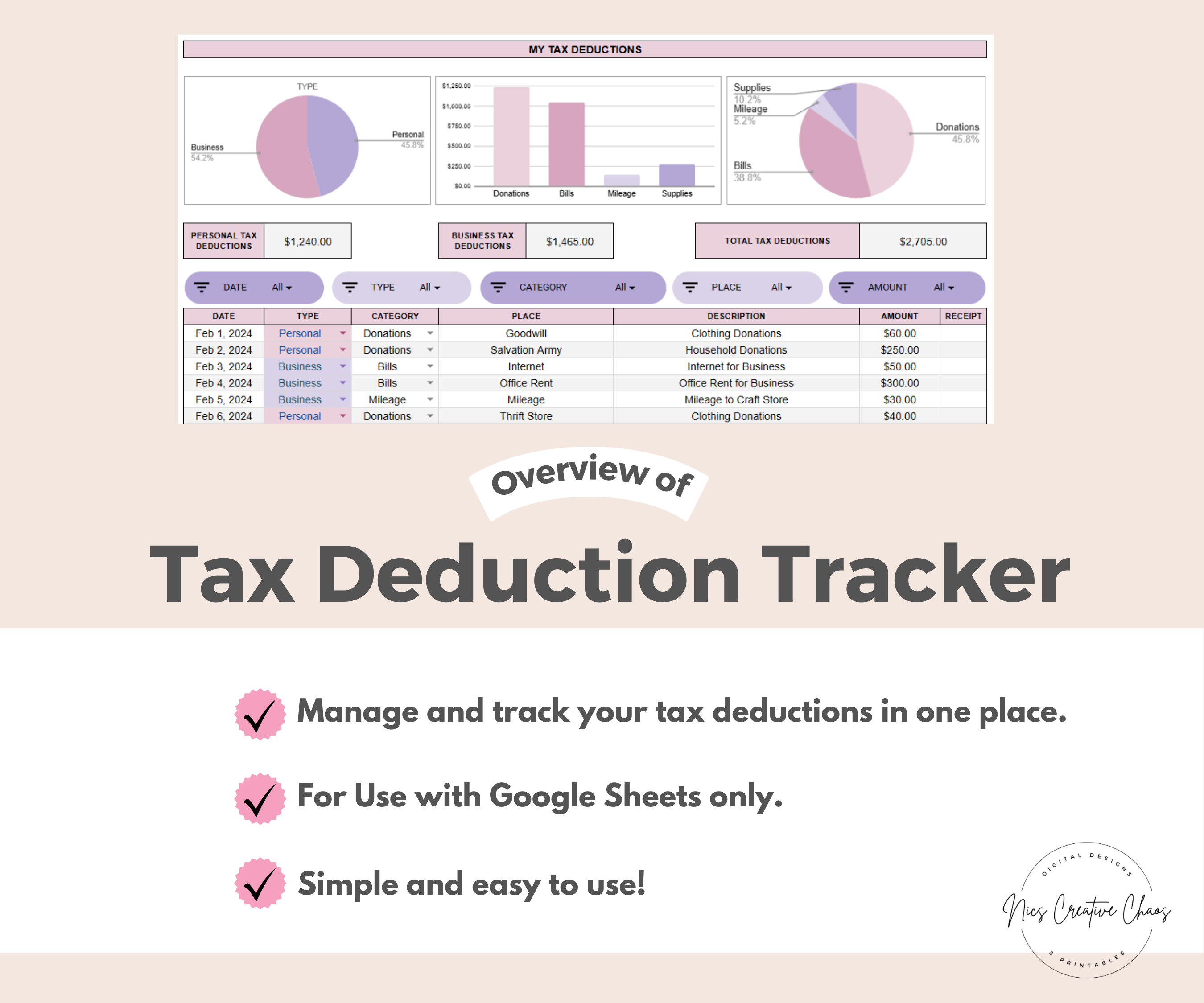 Tax Deduction Tracker Google Sheets Spreadsheet, Small Business Tax ...