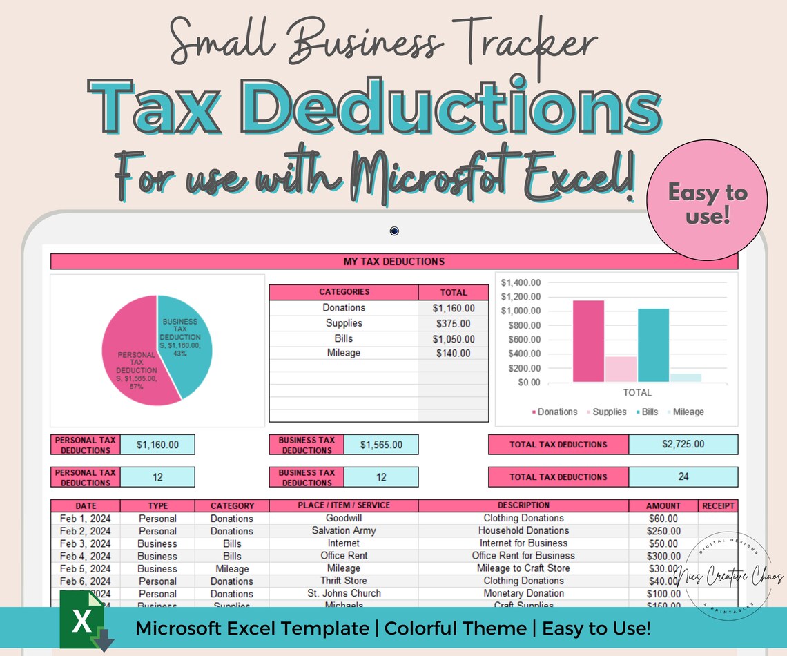 Tax Deduction Tracker Excel Spreadsheet, Small Business Tax Deductions ...