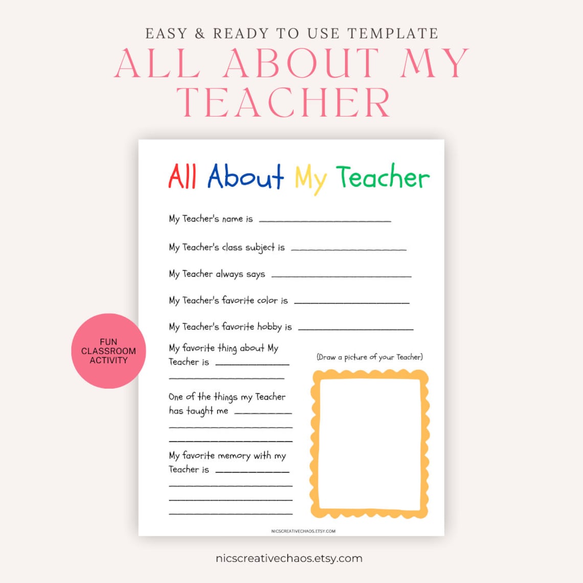All About My Teacher Classroom Printable Template Homeschool Activity ...