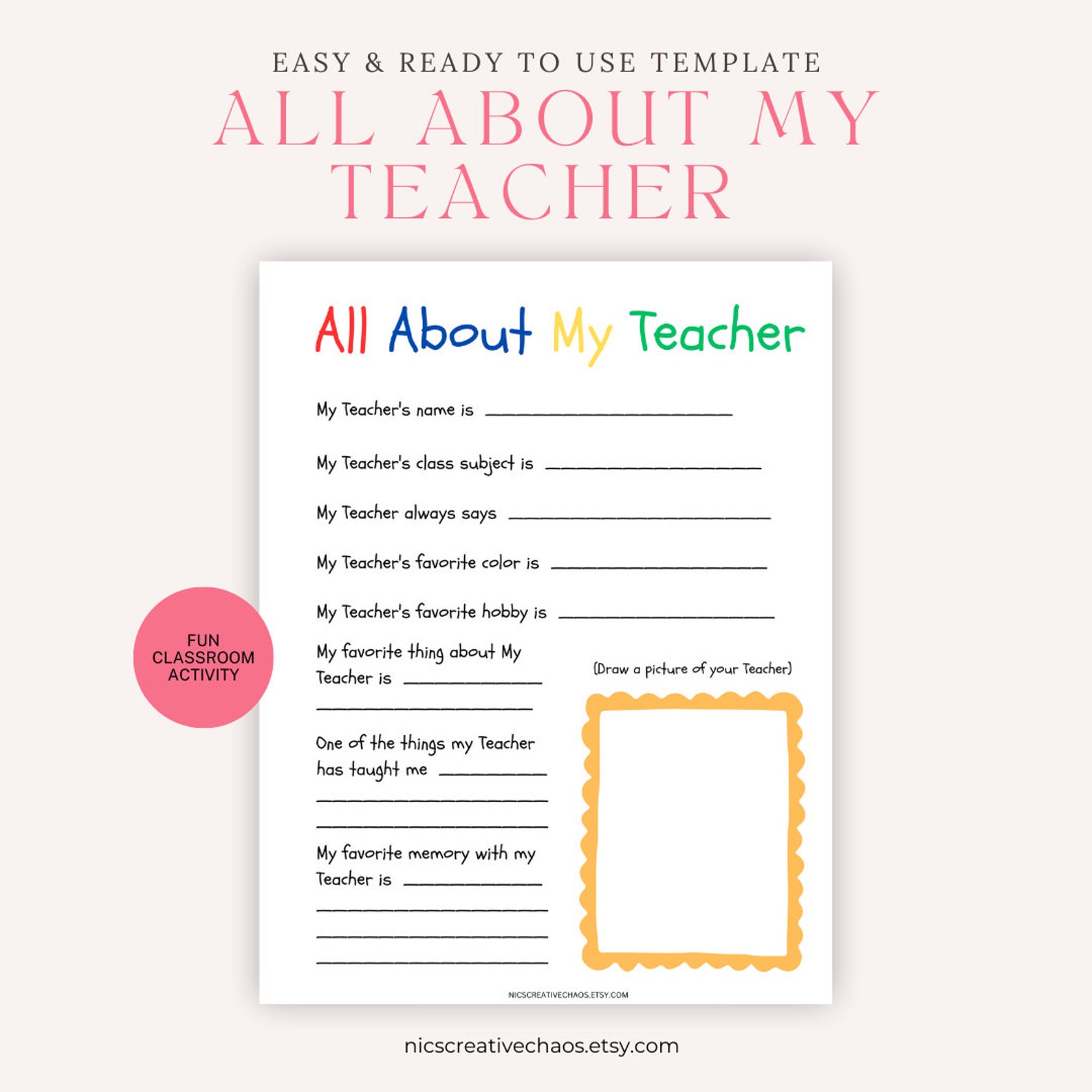 All About My Teacher Classroom Printable Template Homeschool Activity ...