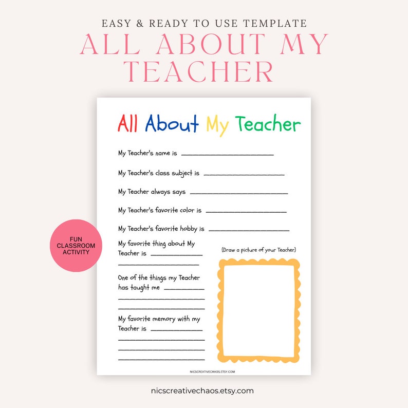 All About My Teacher Classroom Printable Template Homeschool Activity ...