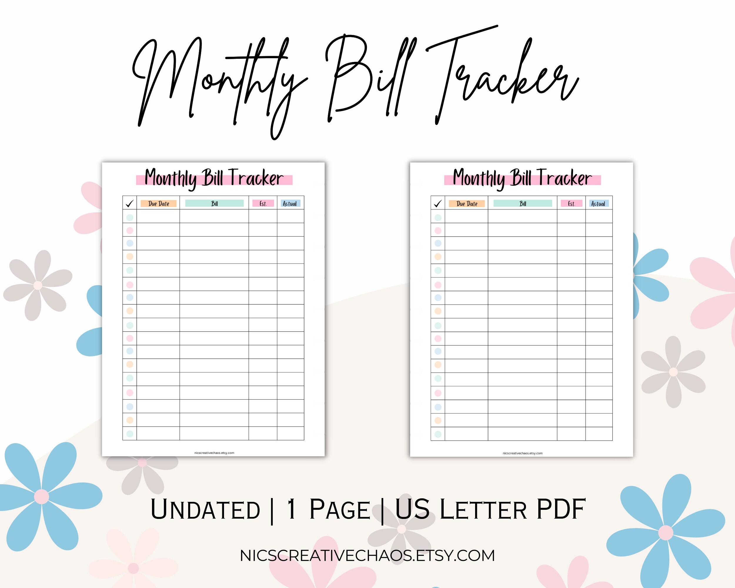 Printable Bill Tracker, Monthly Budget Planner, Bill Payment Tracker ...