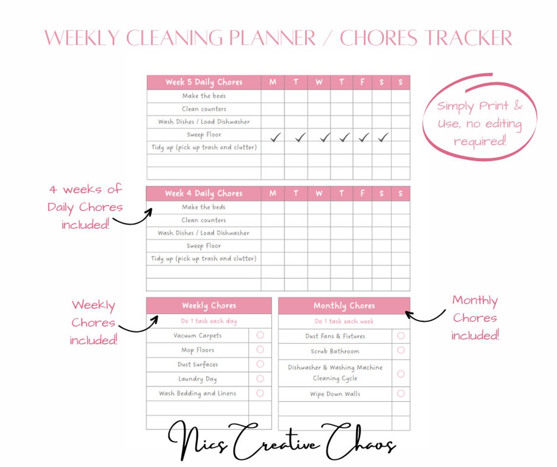 Cleaning Planner Printable Chores Tracker Checklists With - Etsy