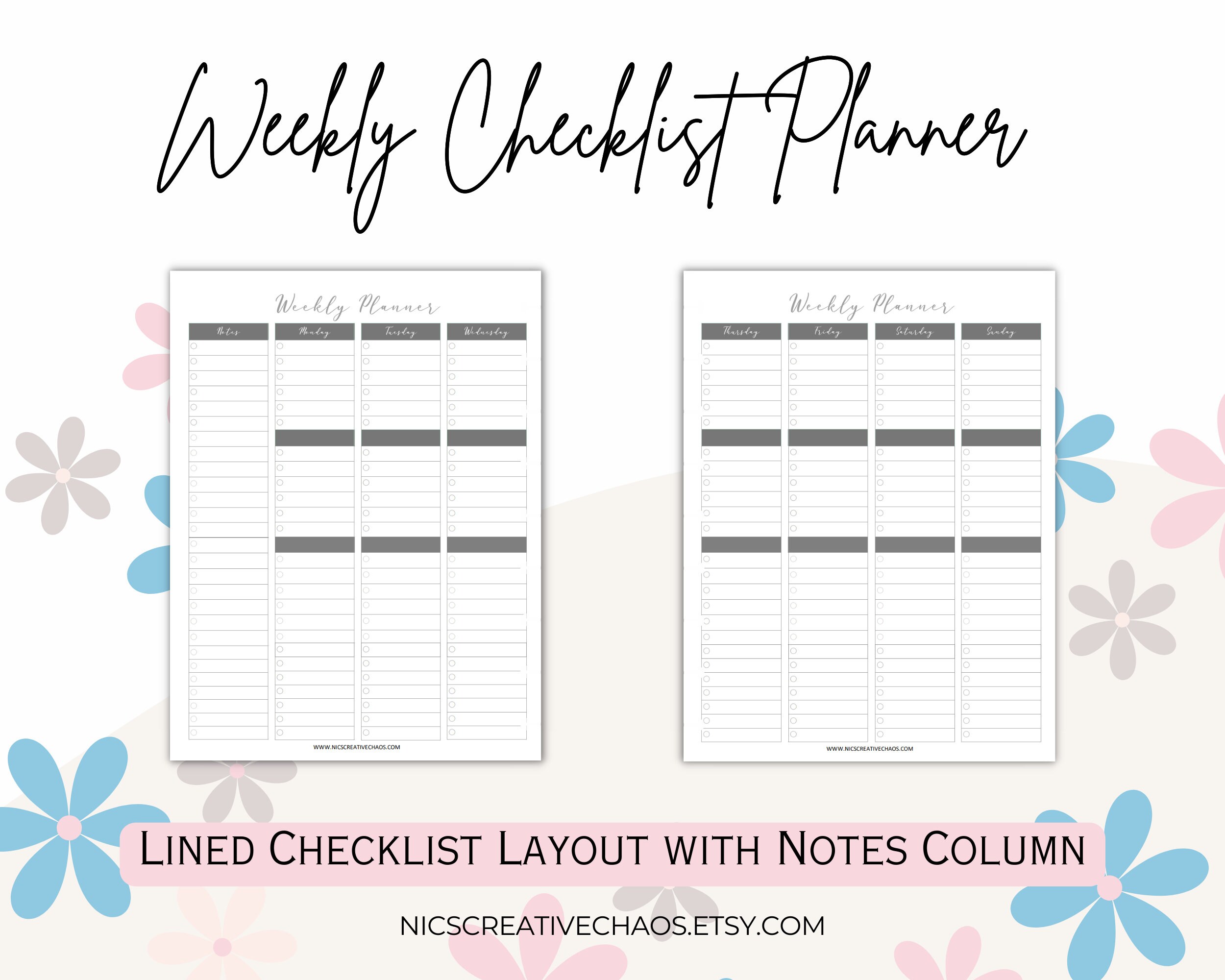 Undated Weekly Planner Printable Vertical Checklist & Lined - Etsy