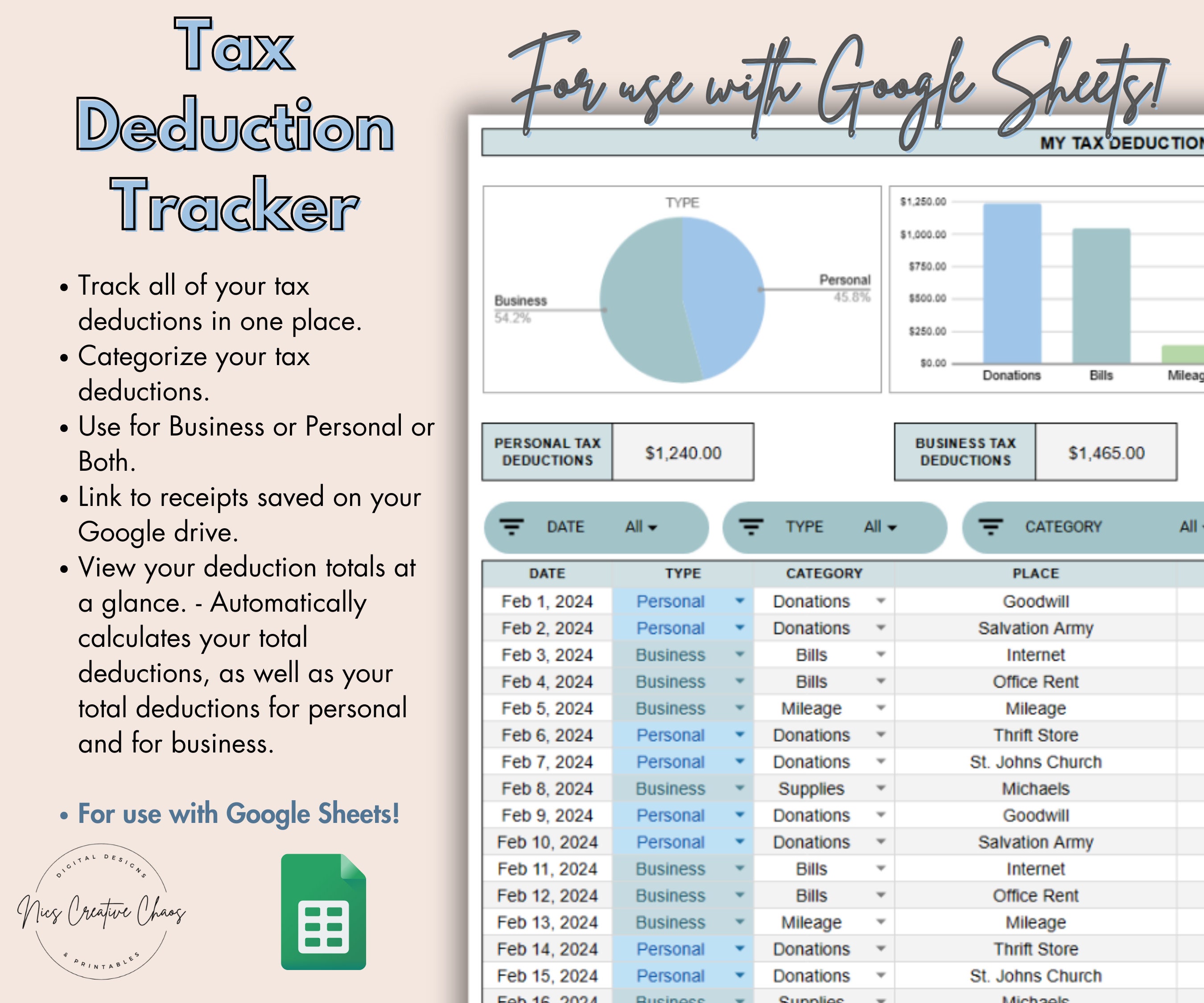 Tax Deduction Tracker Spreadsheet Google Sheets, Small Business Tax ...