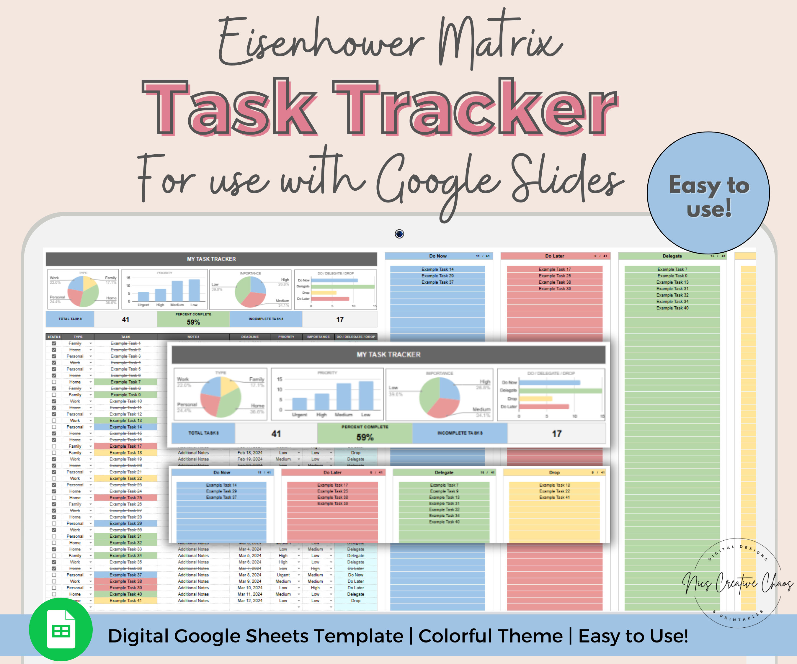 Task Tracker Google Sheets Spreadsheet, to Do List Template, Eisenhower ...