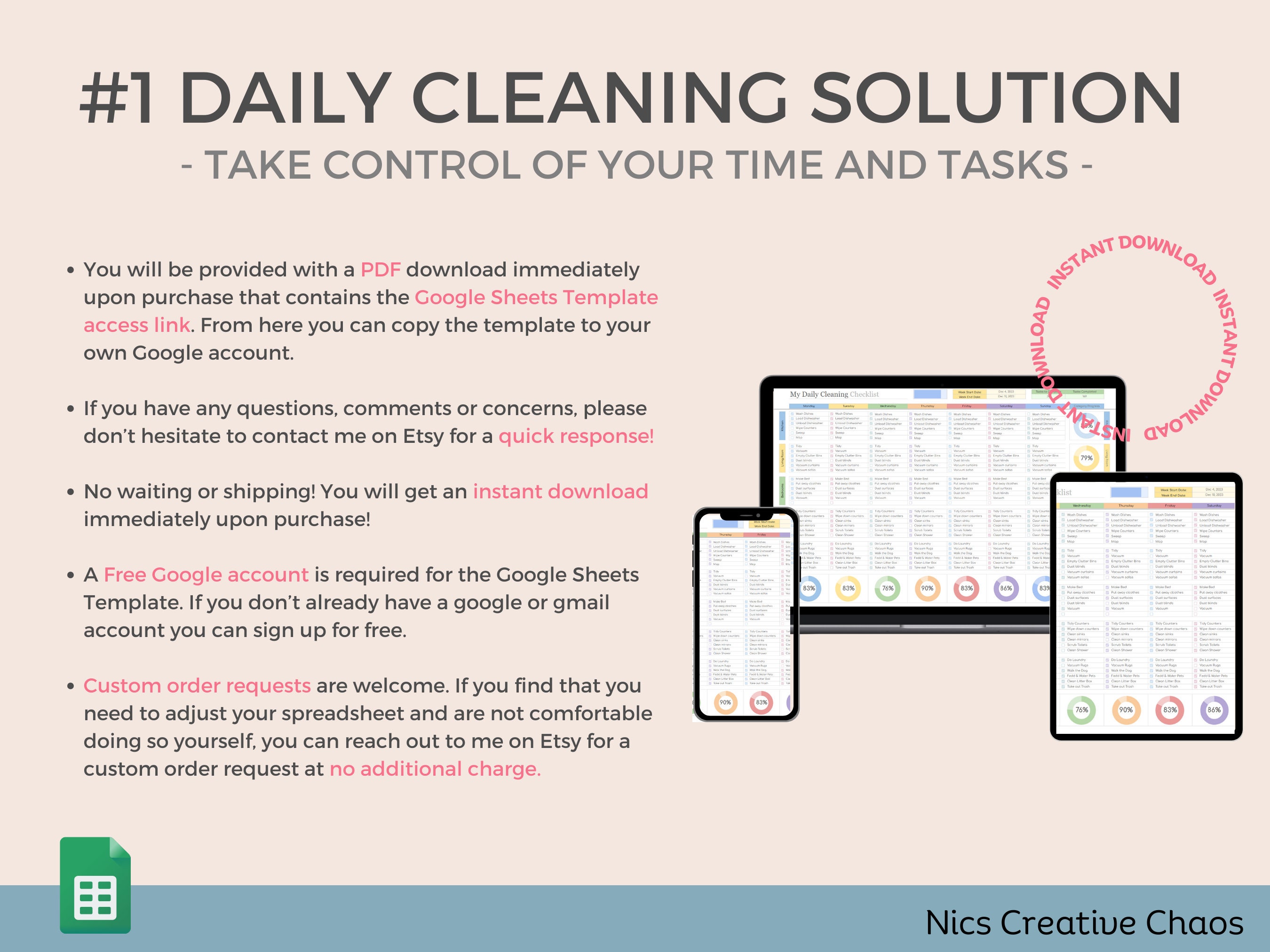 Daily Cleaning Checklist Spreadsheet, Google Sheets Cleaning Chart ...